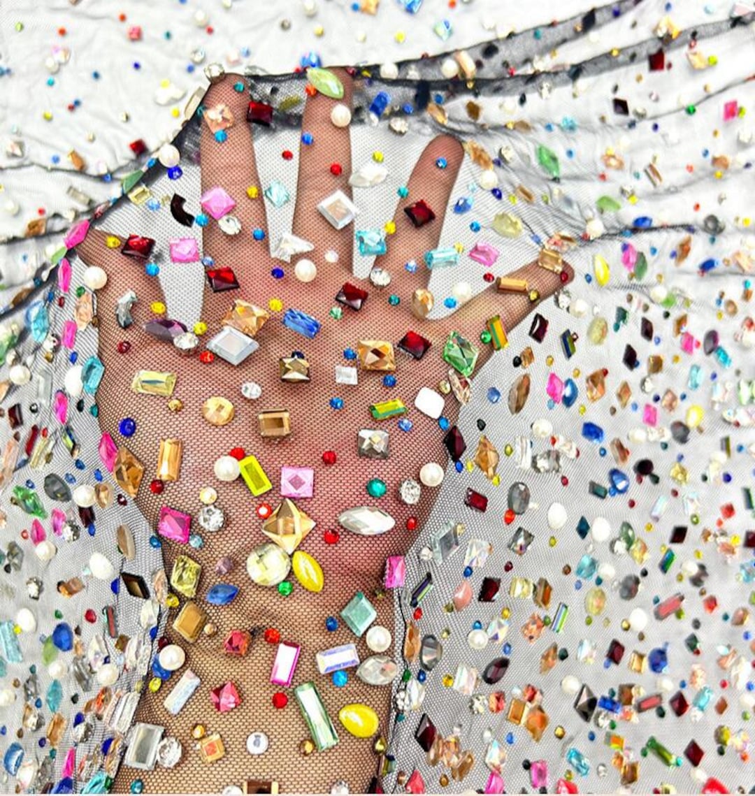 Rainbow Rhinestone Bead Lace Fabric Mix Shape Rhinestone Stick on Mesh ...