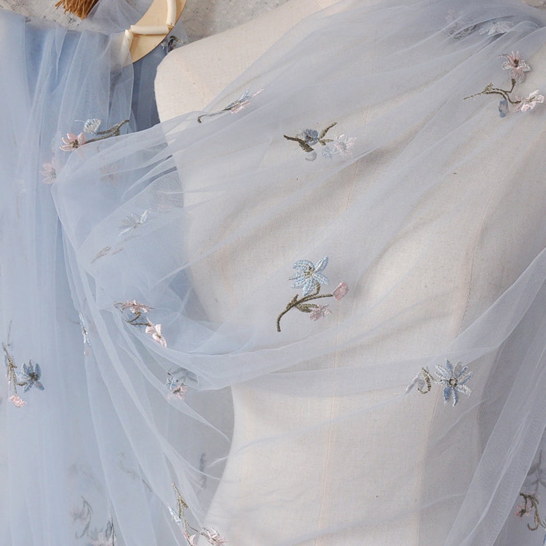 Pale Blue Tulle Flower Embroidery Lace Fabric Floral Decorative Fabric ...