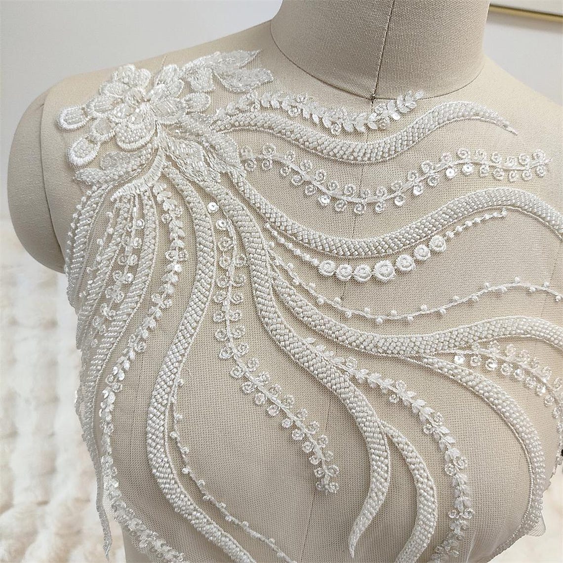 Bodice Beaded Vines Lace Patches Fulled Bead Flower Lace Applique Motif ...