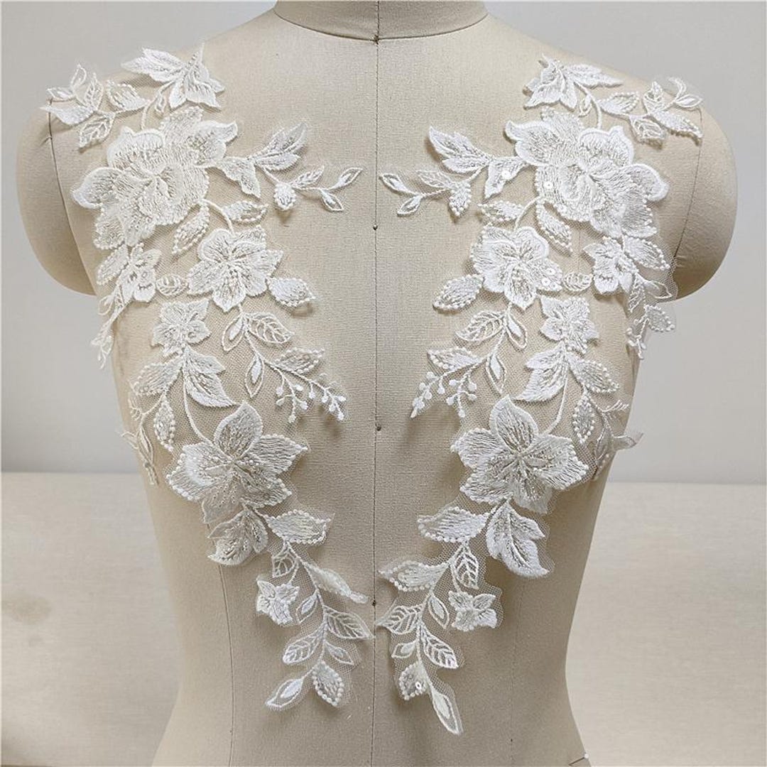 Mirror Pair Flower Lace Patches With Sequin Ivory Flower Lace Applique ...