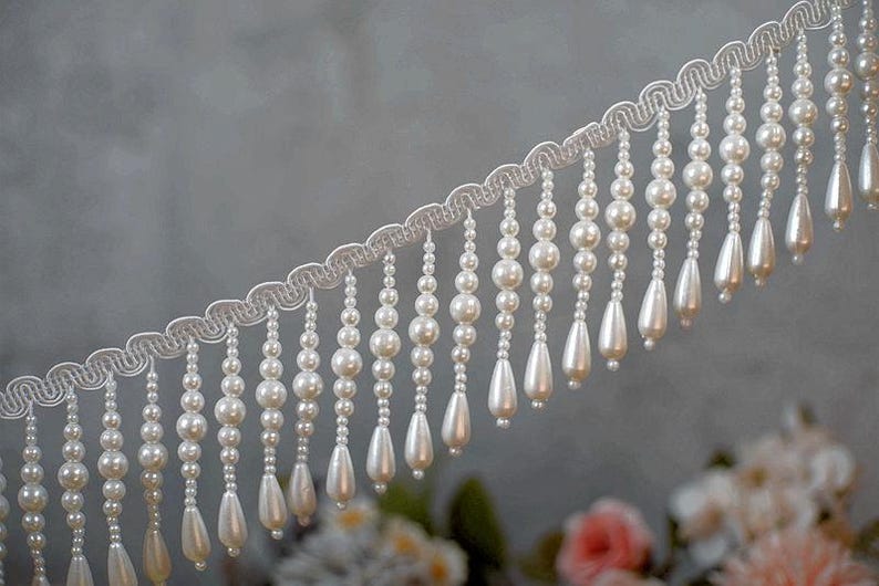 Ivory Tassel Drop Pearl Tubes Fringe Trim, Pearl Bead Trim, Dangling ...