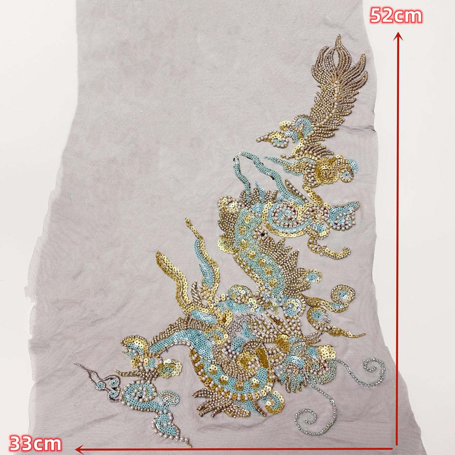 Black Mesh Blue Gold Dragon Embroidery Lace Applique Pearl Beaded ...