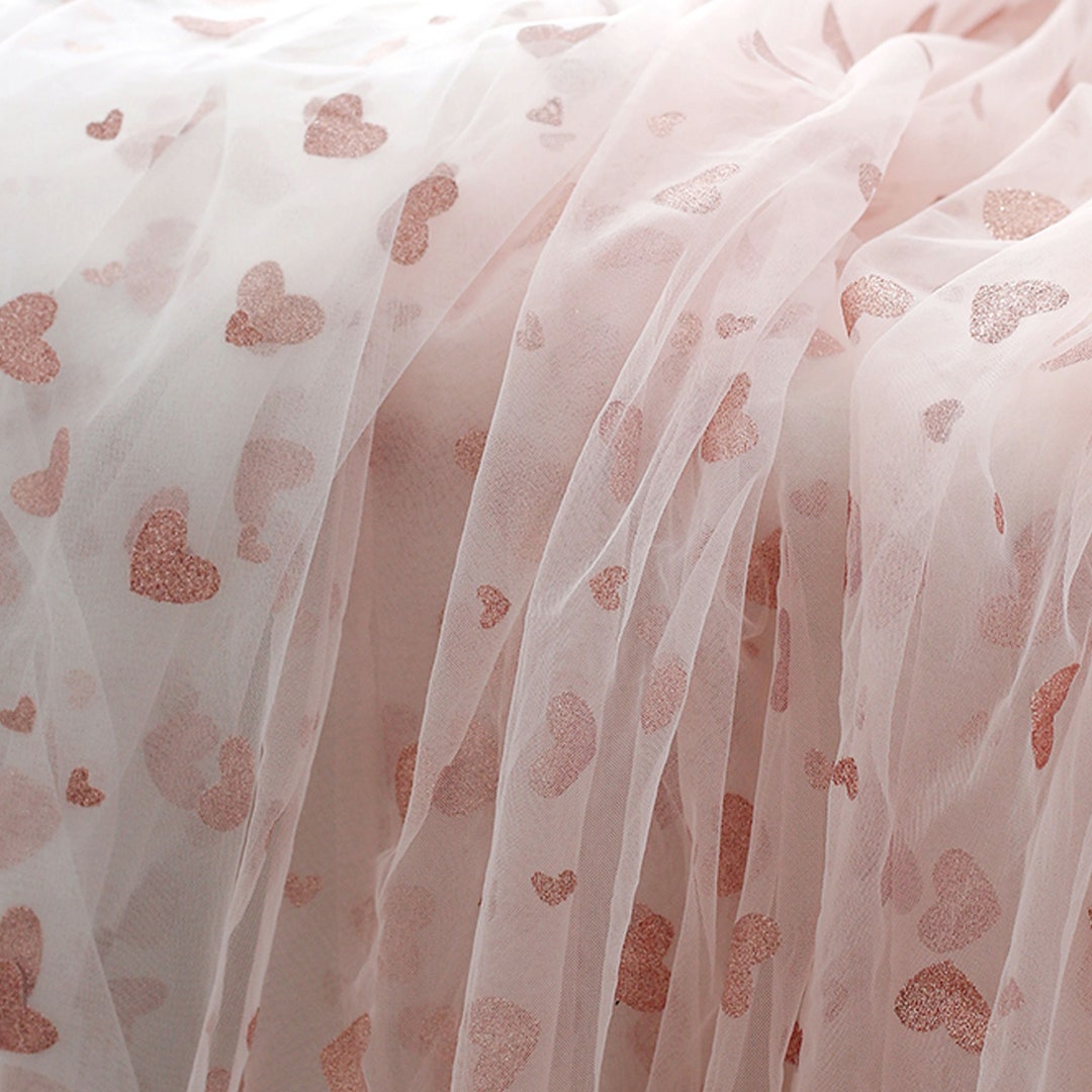 Glitter Powder Pink Heart Fabric Heart Mesh Embroidery Lace Fabric ...