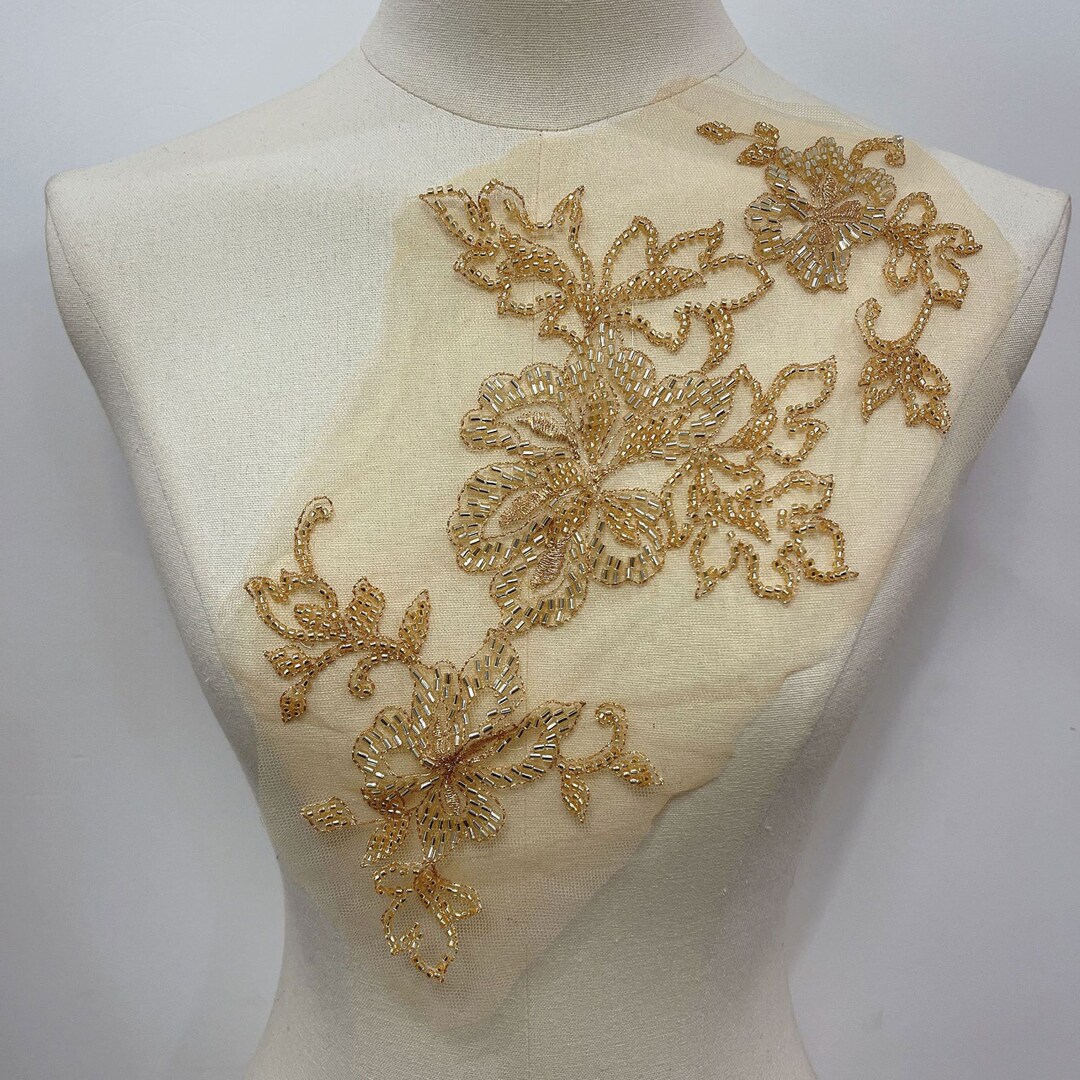 Gold Flower Beaded Patches Flower Leaves Decorative Beaded Leaves ...