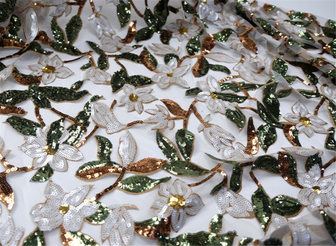 Flower Sequin Embroidery Leave Lace Fabric Green Leaf Shine Fabric ...