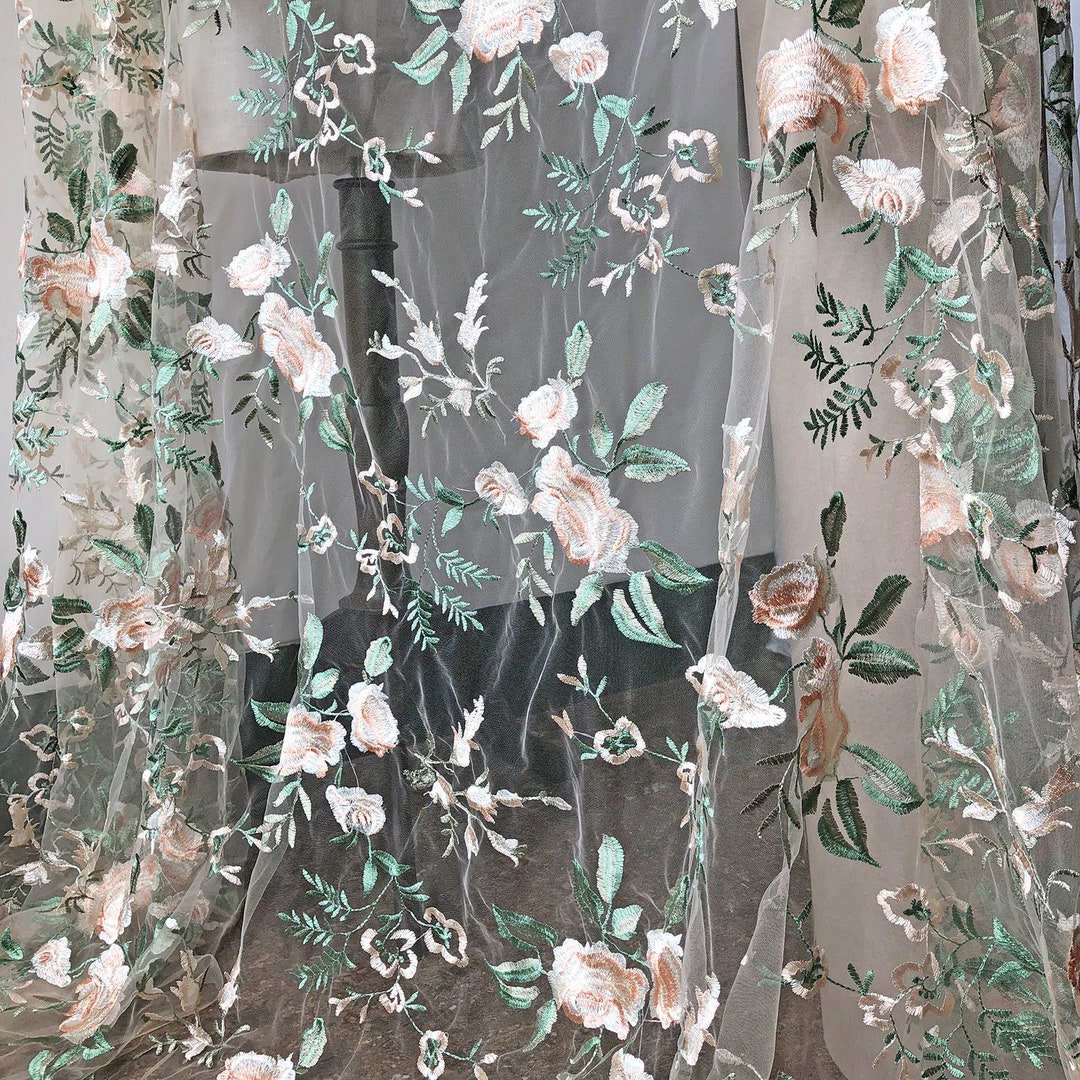 Green Leave Flower Embroidery Lace Fabric Floral Decorative Fabric ...