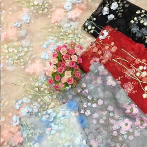 3D Flower Embroidery Lace Fabric Blue Flower Mesh Decorative Fabric ...