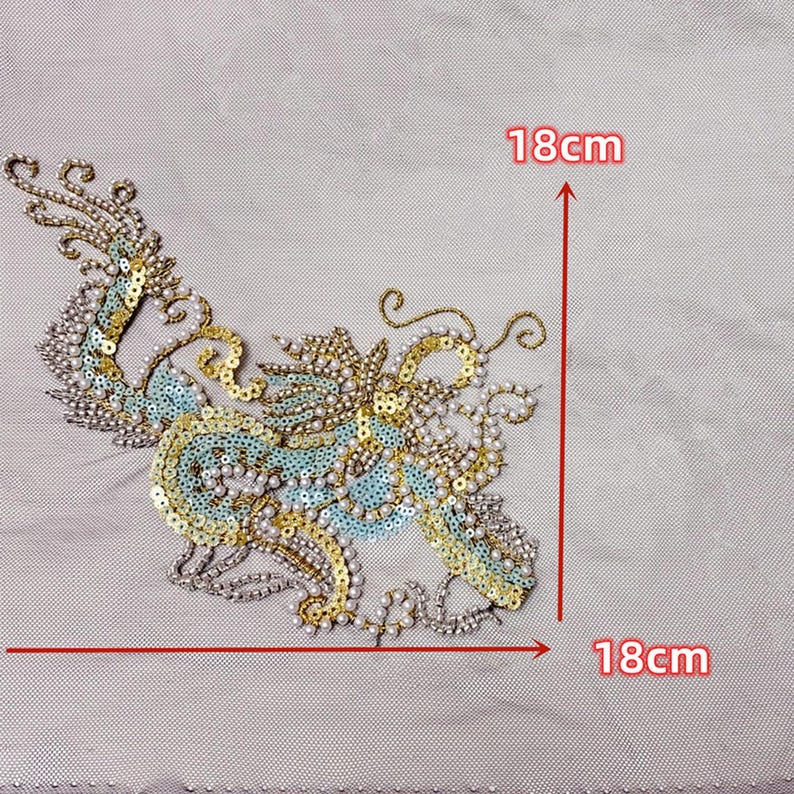 Black Mesh Blue Gold Dragon Embroidery Lace Applique Pearl Beaded ...