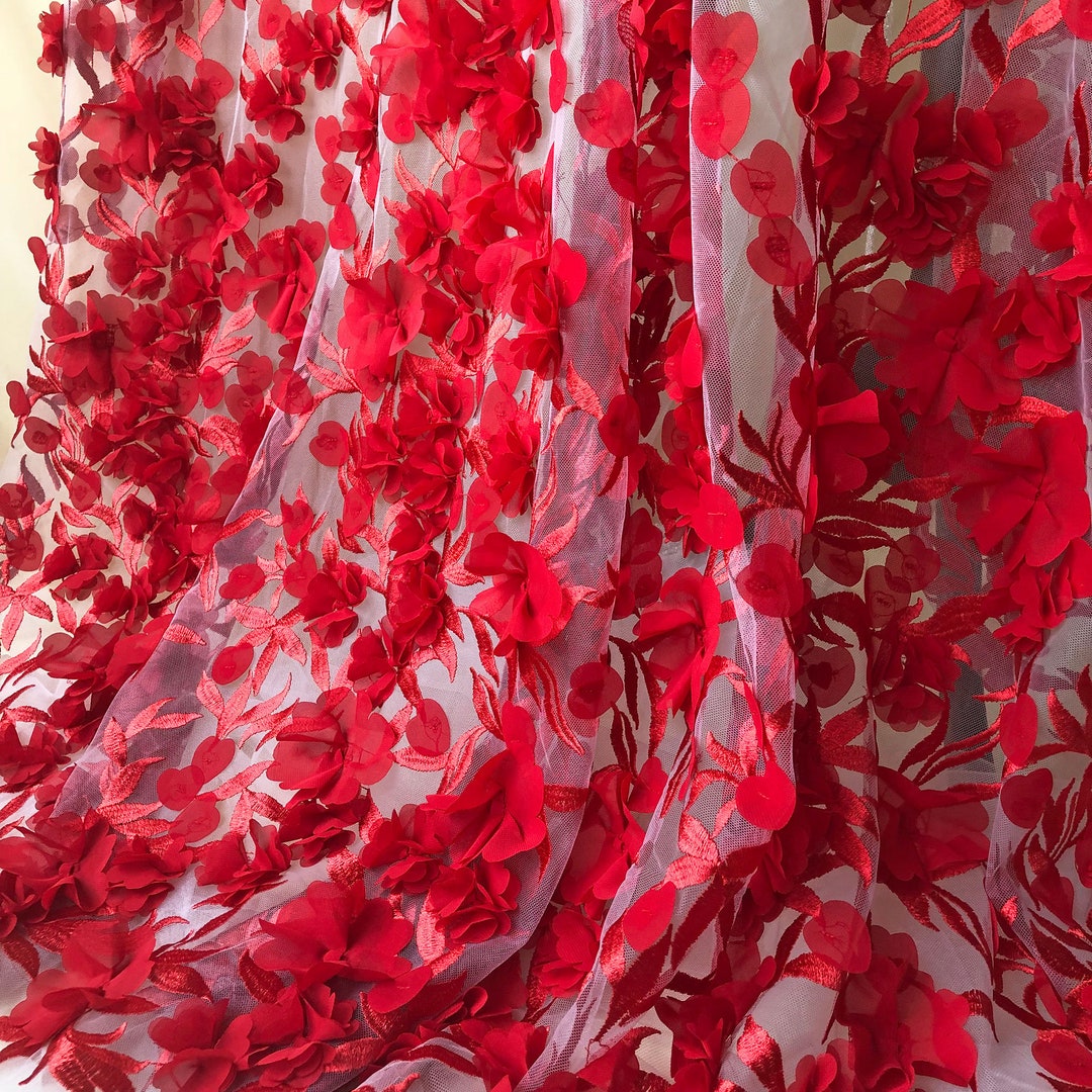 3D Red Embroidery Lace Fabric 3D Flower Decorative Fabric Red ...