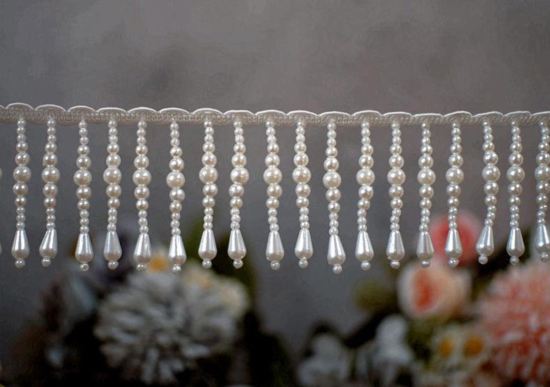 Ivory Drop Pearl Tubes Fringe Trim, Pearl Bead Trim, Dangling Ivory ...