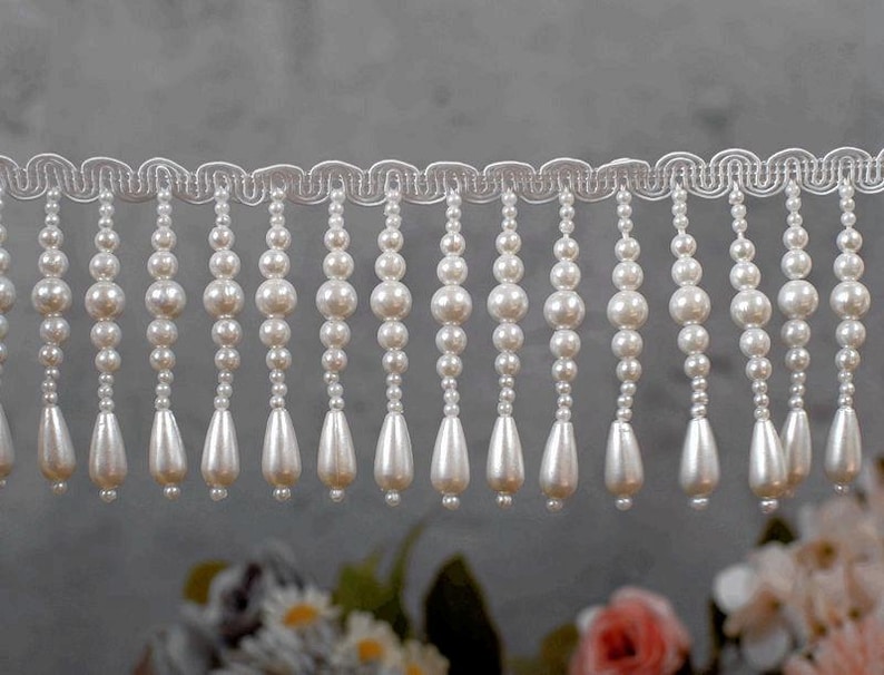 Ivory Tassel Drop Pearl Tubes Fringe Trim, Pearl Bead Trim, Dangling ...