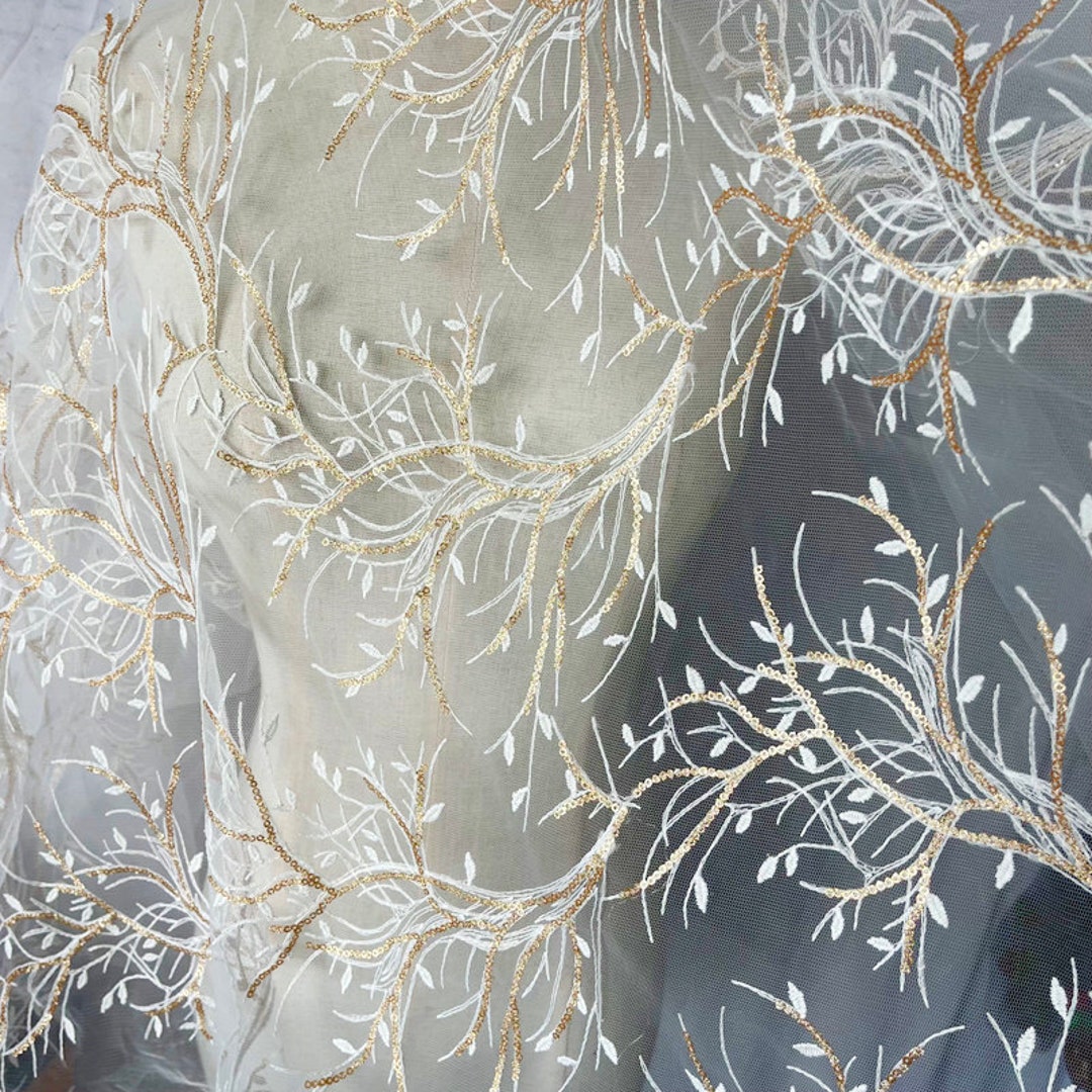 Leaf Branch Fabric Ivory Gold Sequin Flower Embroidery Fabric Flower ...
