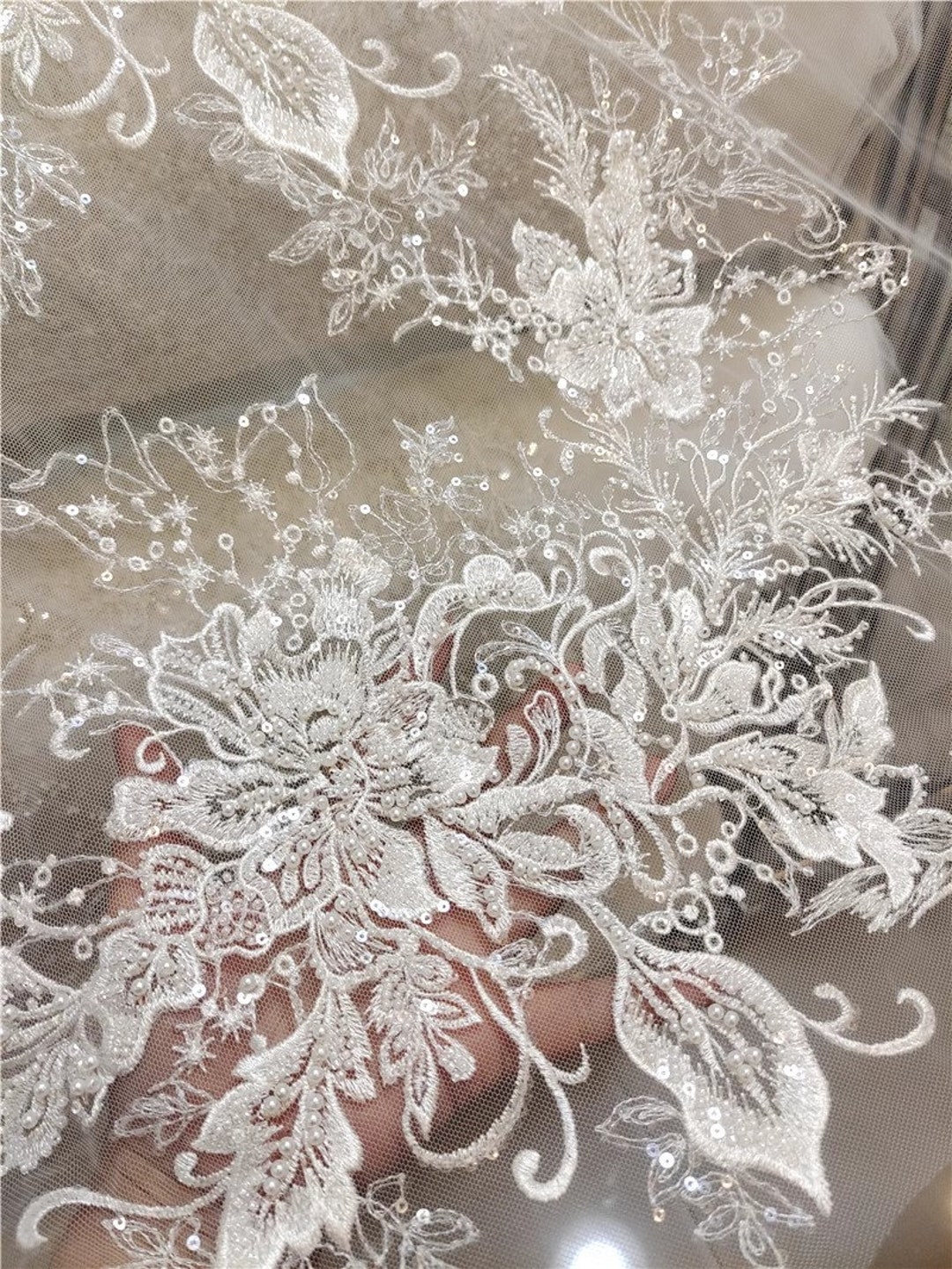 3D Beaded Flower Lace Fabric Vine Decorative Fabric Bead Ivory Floral ...