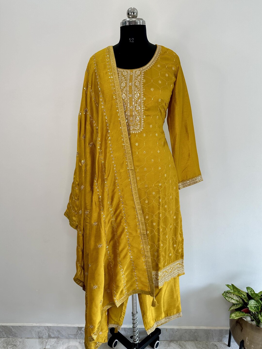 Silk Indian Dress Yellow Ethnic Motifs Embroidered Sequined Kurta With ...
