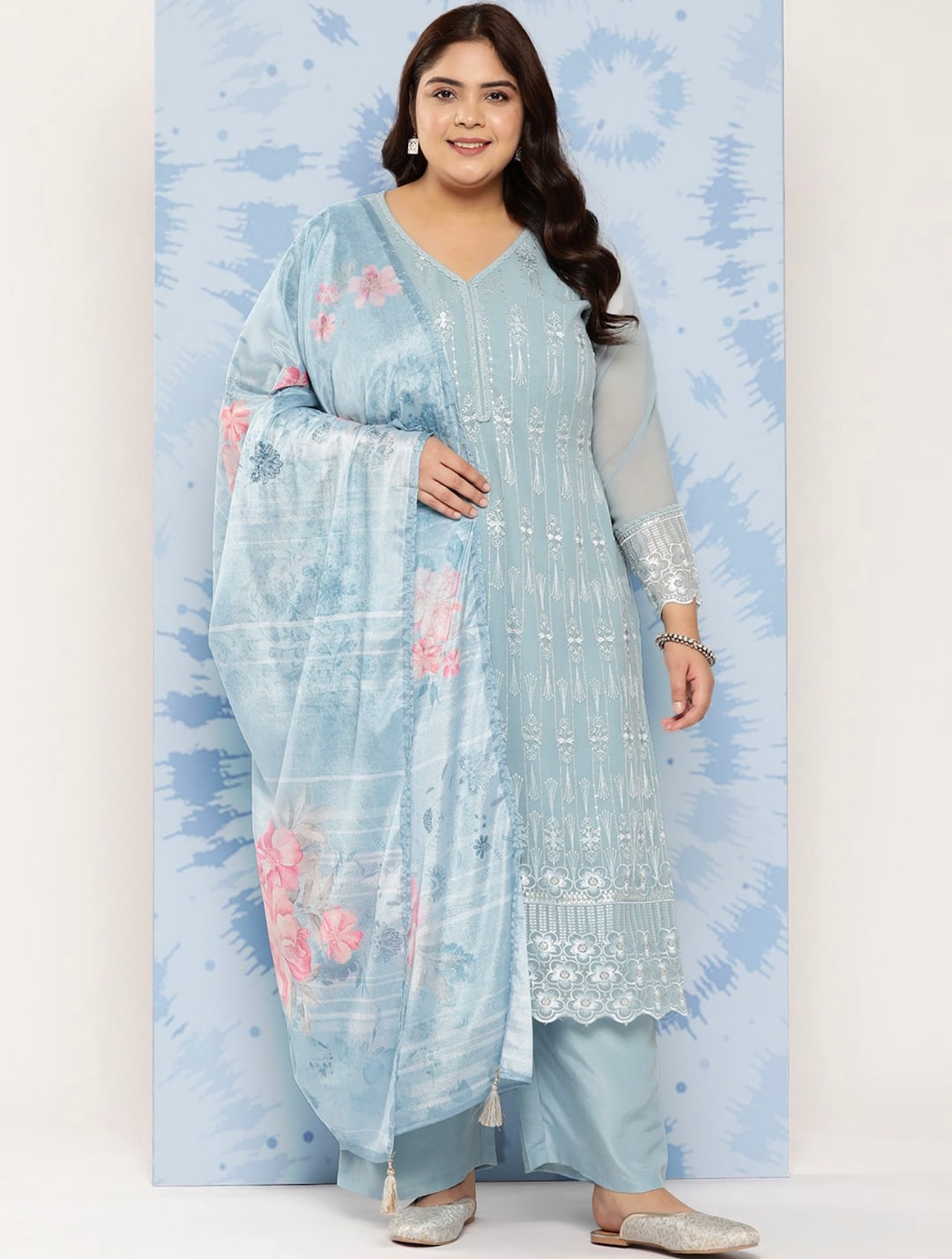Plus Size Ethnic Kurta Set Turquoise Blue Floral Embroidered Kurta With ...