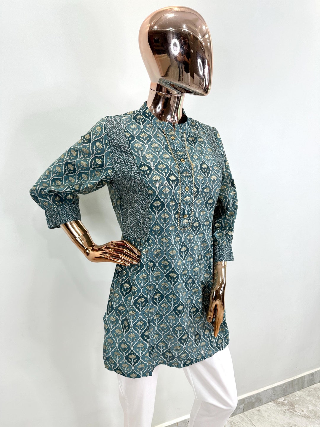 Indian Tunic Blue & Green Gotta Patti Mandarin Collar Floral Printed ...