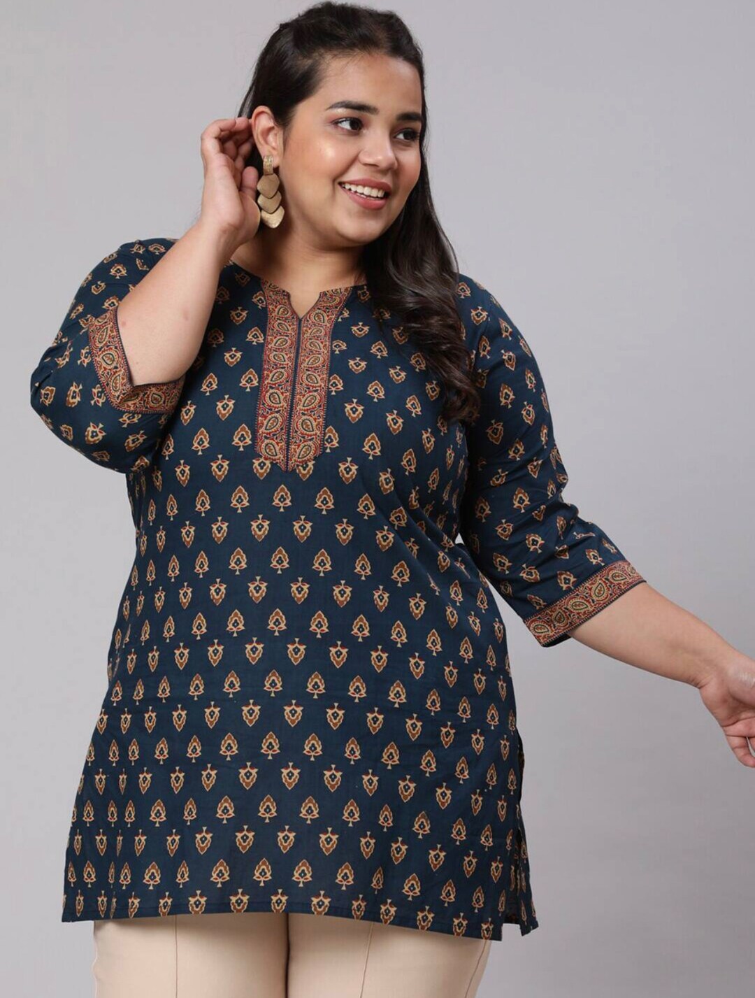 Navy Blue & Brown Printed Pure Cotton Plus Size Tunic for Women Summer ...