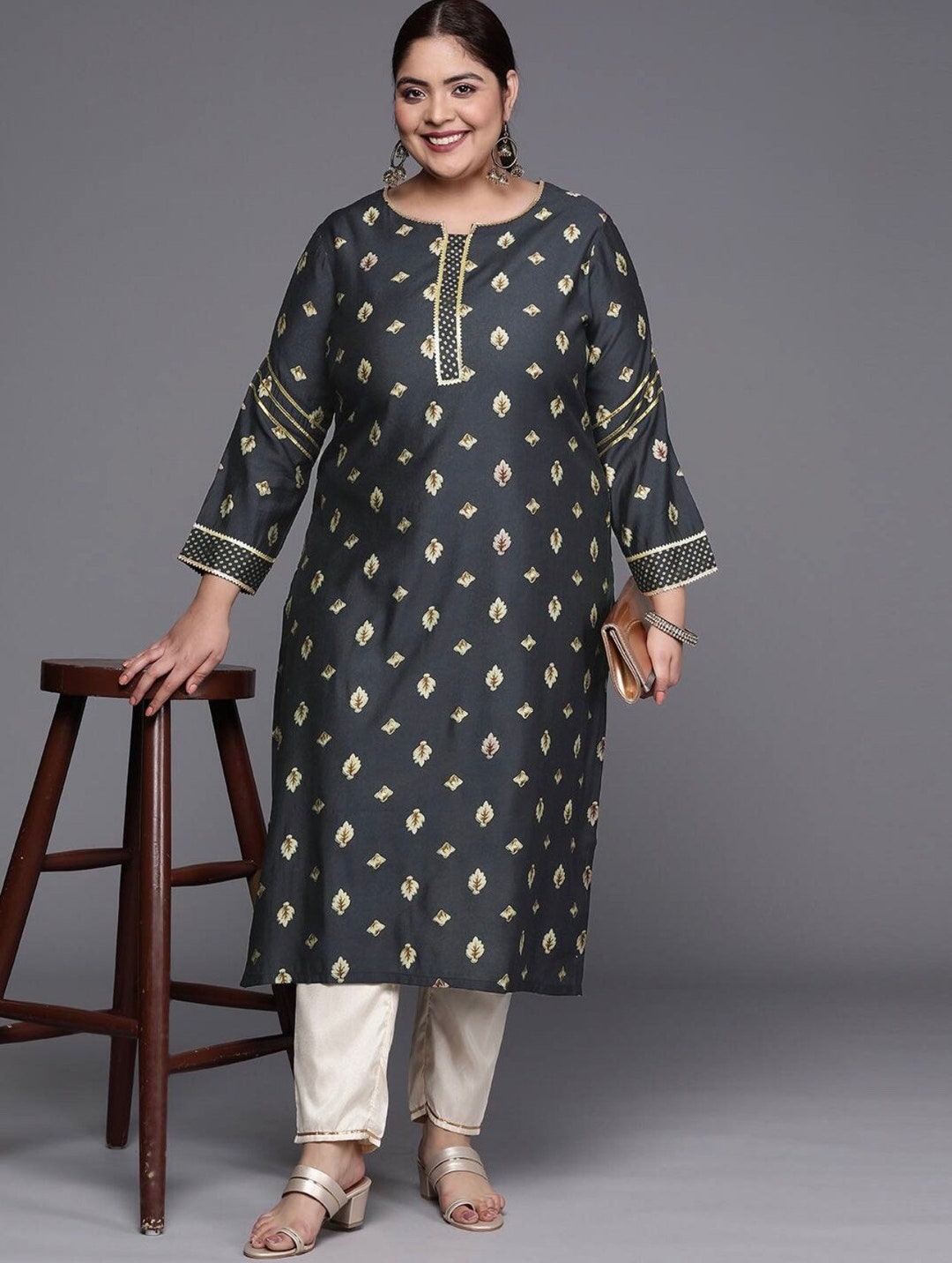 Plus Size Silk Ethnic Motifs Printed Gotta Patti Kurta for Women Indian ...