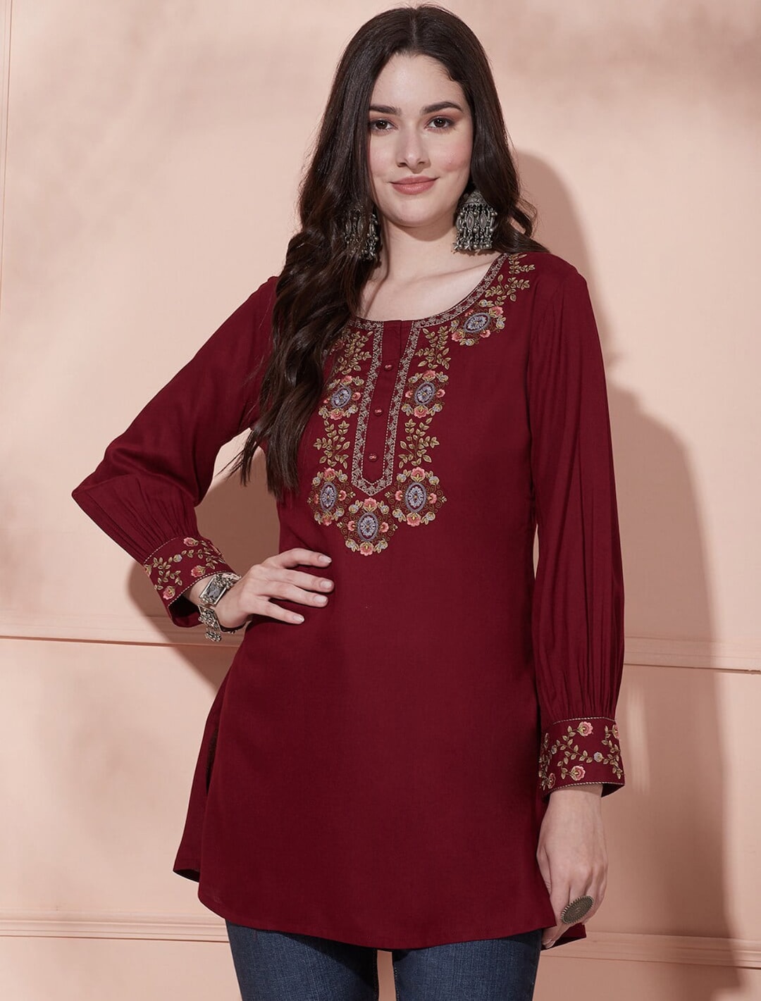 Kurti for Women Maroon Floral Embroidered Thread Work Straight Tunic ...