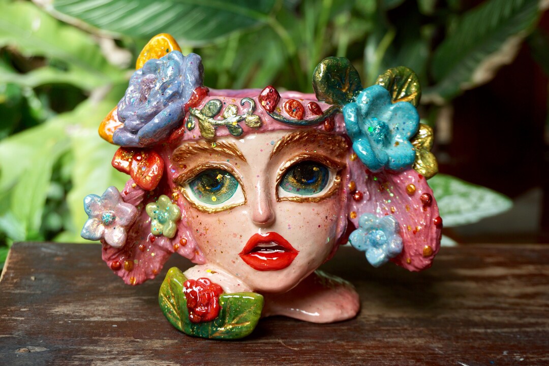 Girl Face Planter, Princess Head Pottery, Handmade Whimsical Pot, Pixie ...