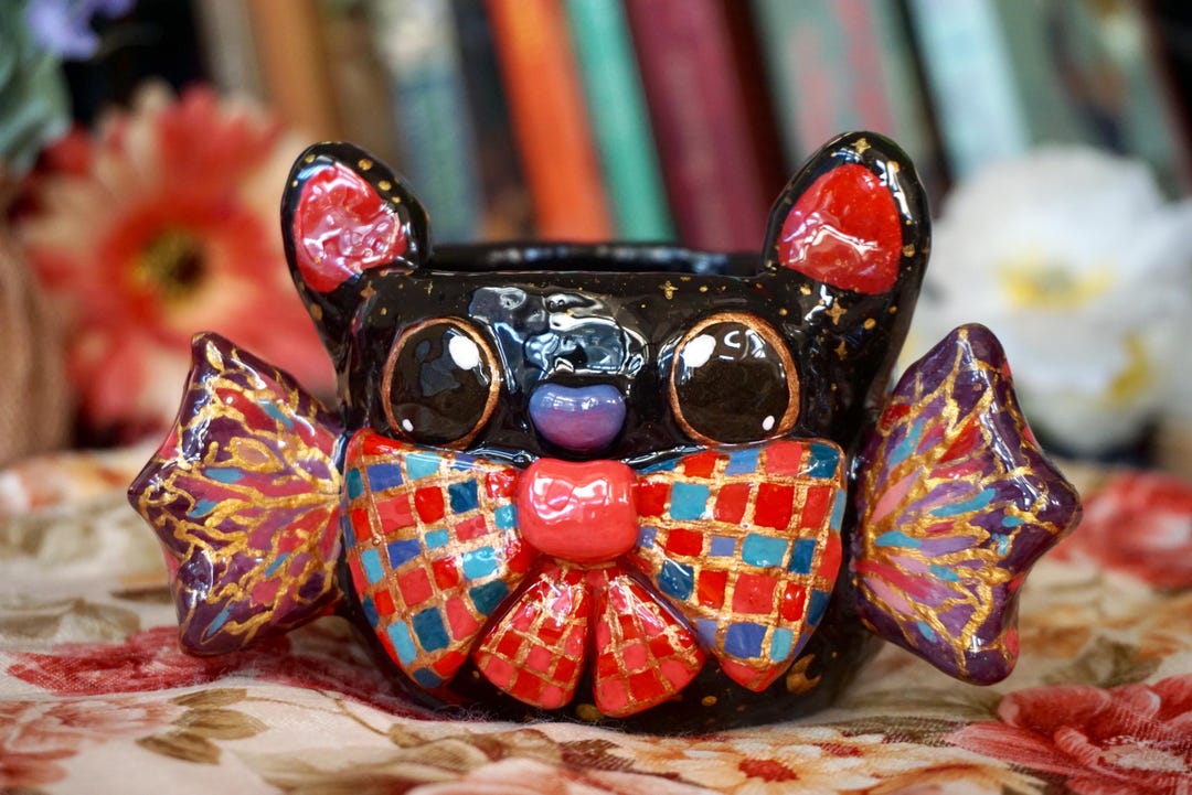 Handmade Bat Planter, Black Bat With Bow Tie Pottery With Drainage Hole ...