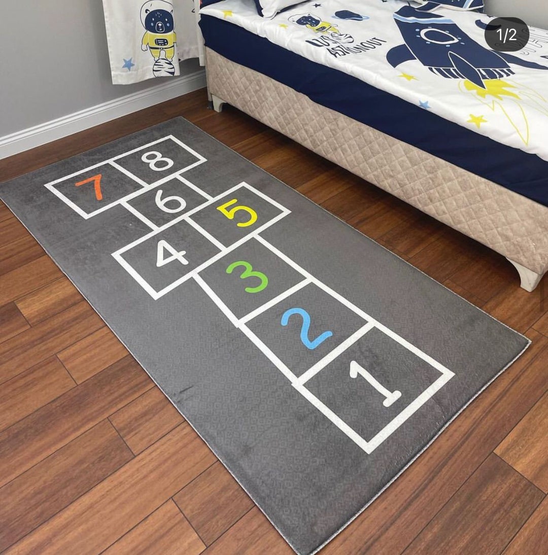 Washable Game Mat - Gray Play Rug - Hopscotch Nursery Mat - Non-slip ...