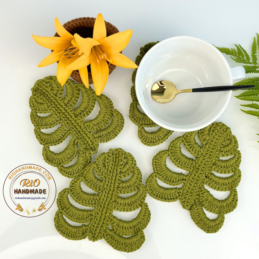 Crochet Monstera Leaf Coaster, Monstera Leaf Coaster Set, Housewarming ...
