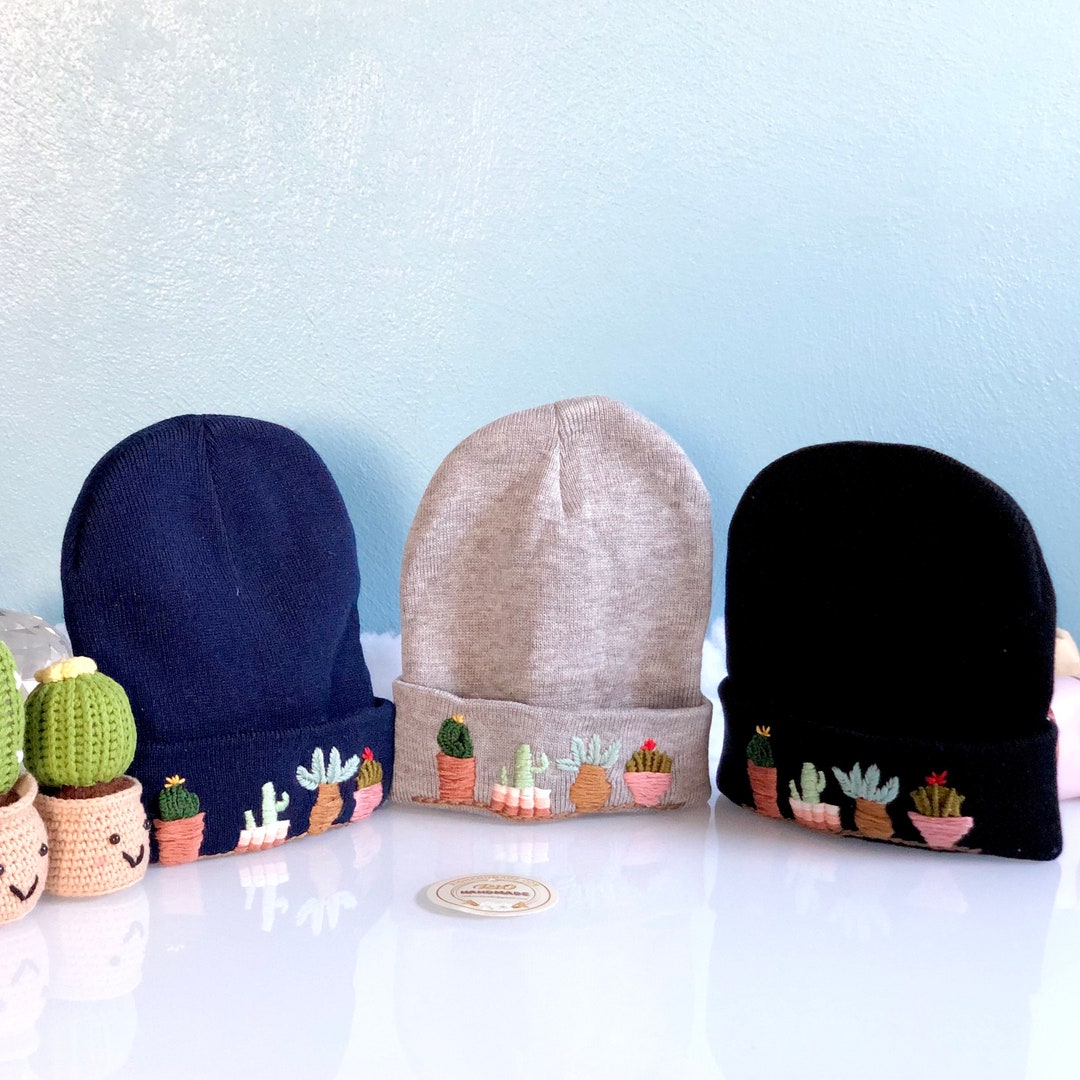 Hand Embroidered Beanie, Winter Hat, Plant Hat, Handmade Hat, Cactus ...