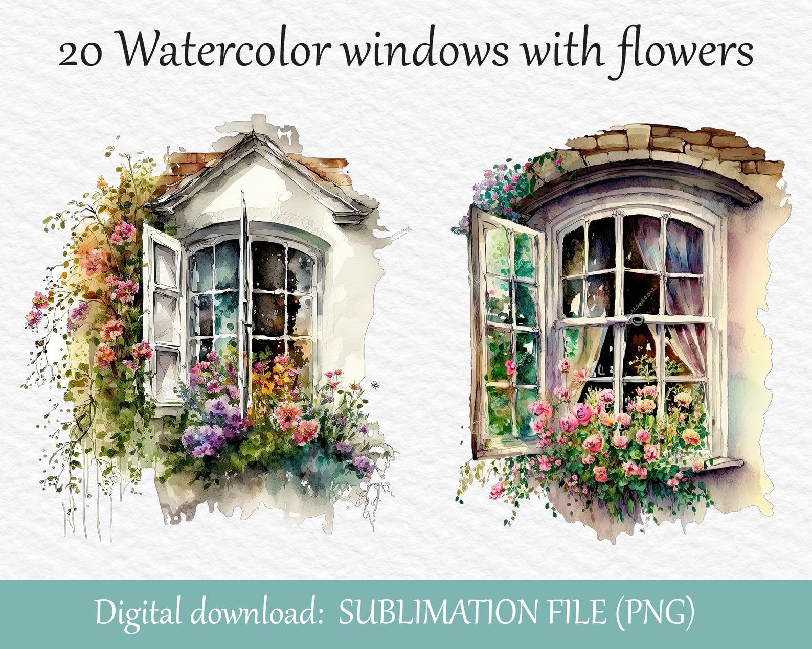 20 Flower Window Watercolor Clipart Files, Window Clipart, Floral ...