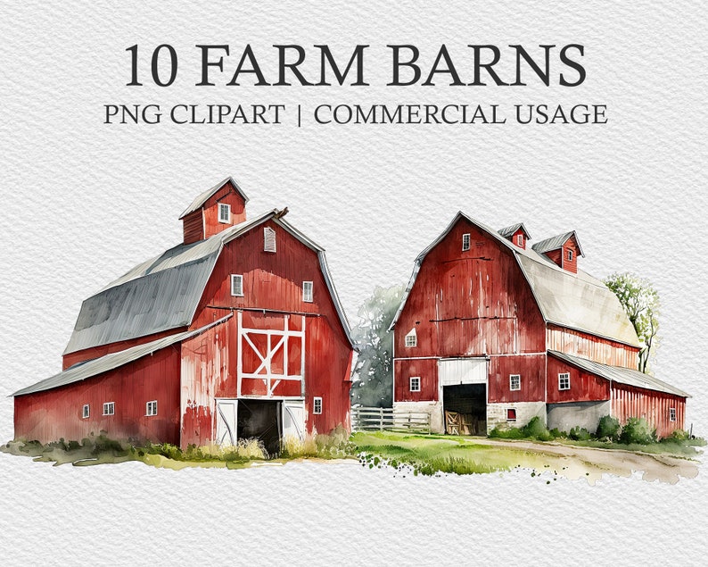 10 Farm Barns Watercolor Clipart Files, Farm Clipart, Barns Bundle PNG, Farm Barn Clipart Pack ...