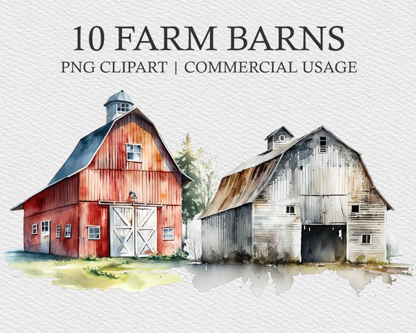 Watercolor Rustic Farm Barns Clipart PNG Sublimation Bundle Watercolour Landscape Scenery Clip ...