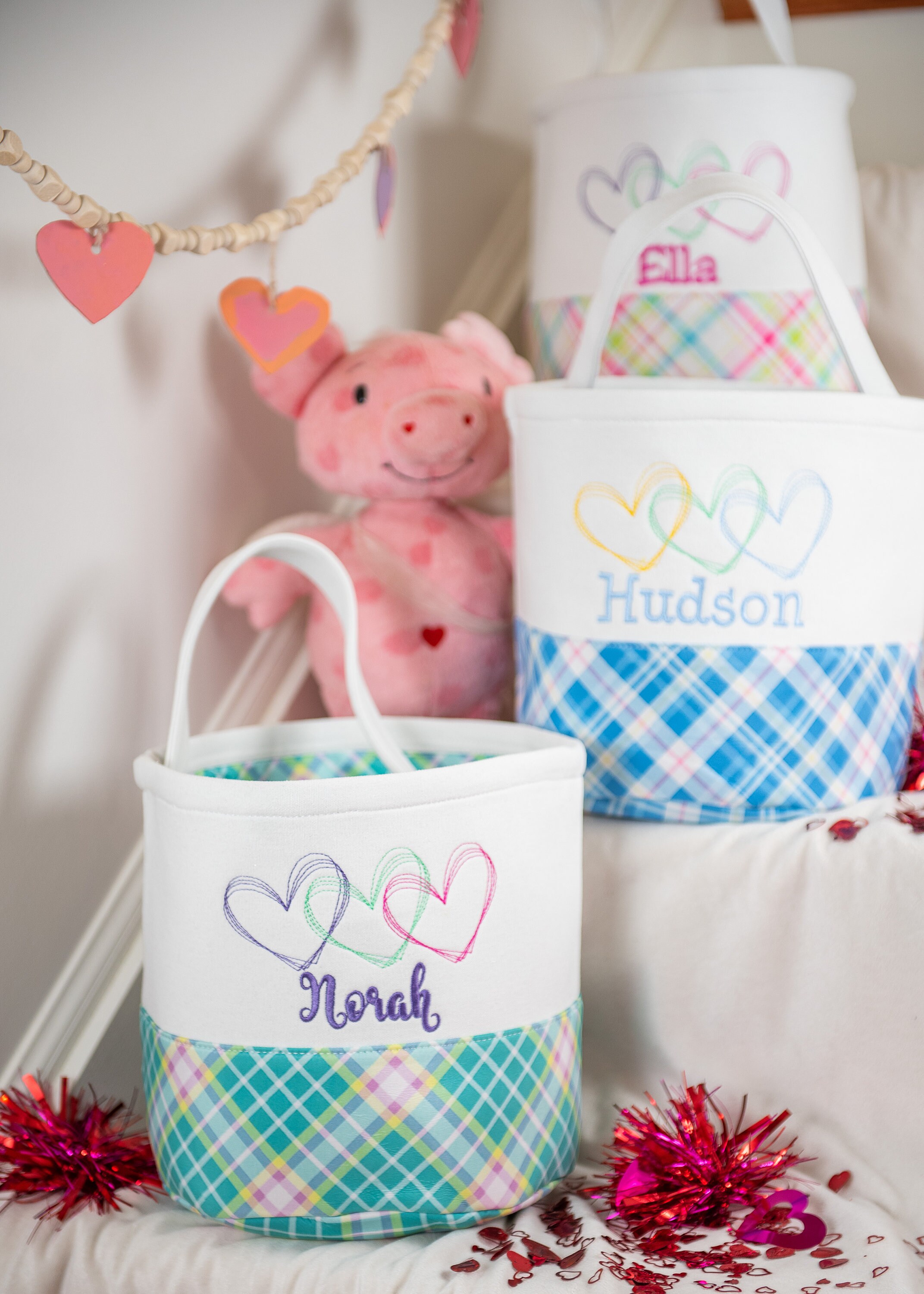 Personalized Plaid Valentine's Day Bag, Embroidered Canvas Bucket - Etsy