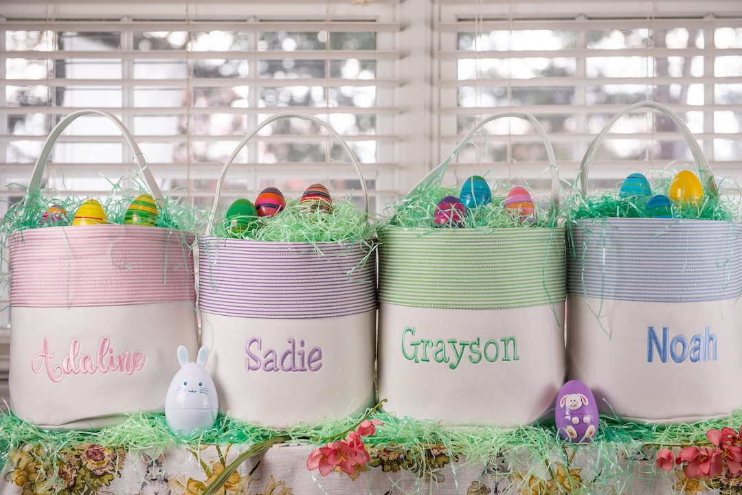 Embroidered Canvas Seersucker Easter Baskets / Personalized Basket for ...