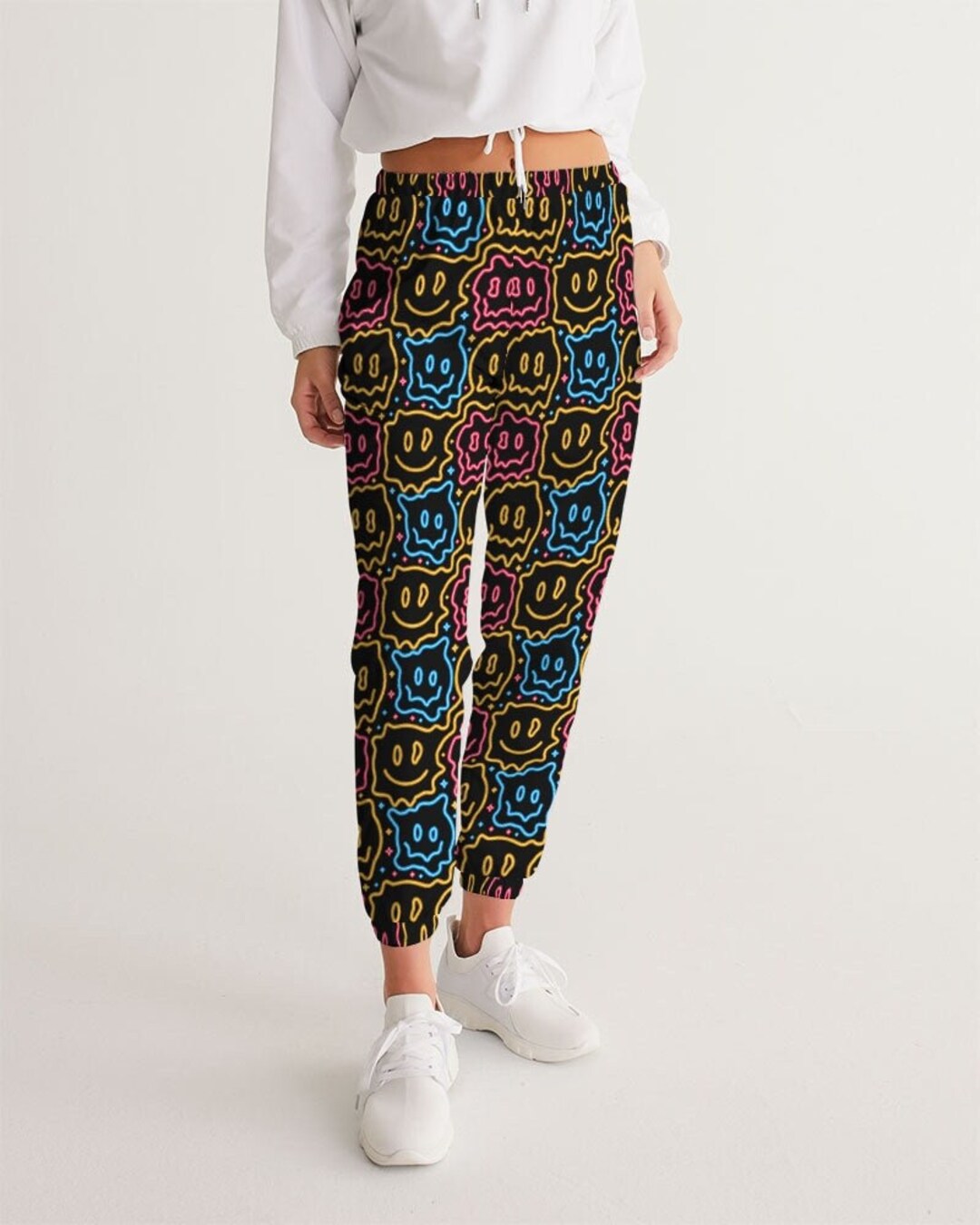 Drippy Smiley Faces Womens Track Pants Trippy Festival Wear, Colorful ...