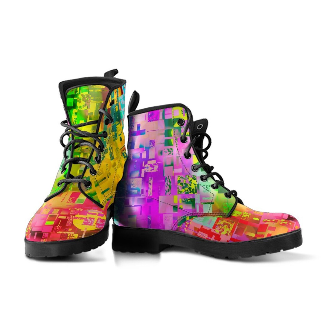 Colorful Pixel Glitch Leather Boots, Vibrant Pixelated Print ...