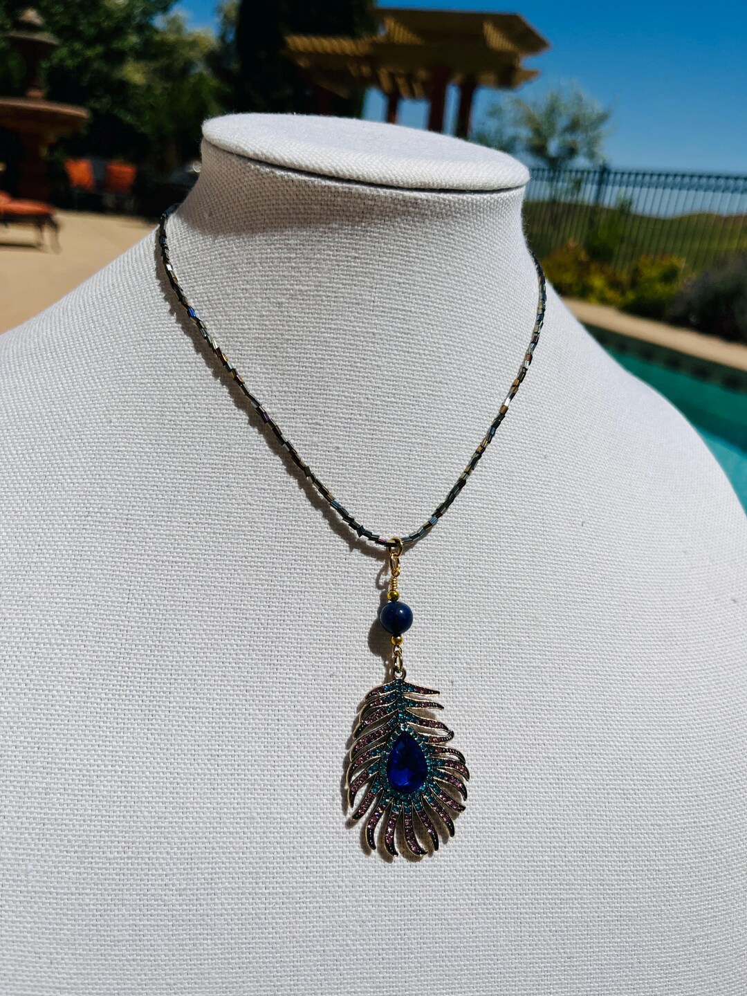 Iridescent Bronze Fine Bead Necklace With Lapis Lazuli and Bronze Hued ...