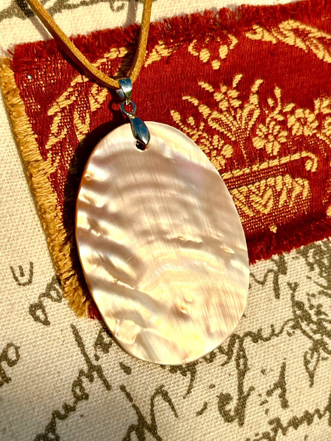 Adjustable Light Brown Cord Necklace With Oblong Large Mother of Pearl ...