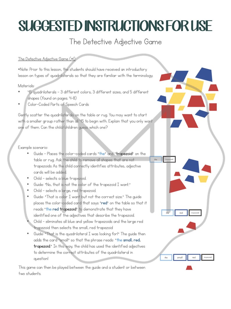 The Detective Adjective Game- Quadrilaterals - Etsy