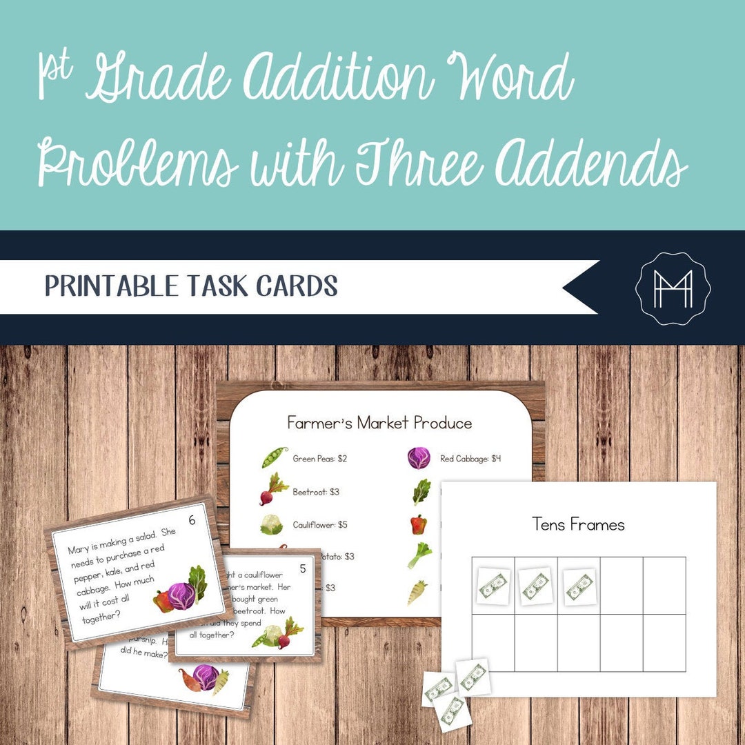 1st Grade Addition Word Problem Task Cards- 3 Addends - Etsy