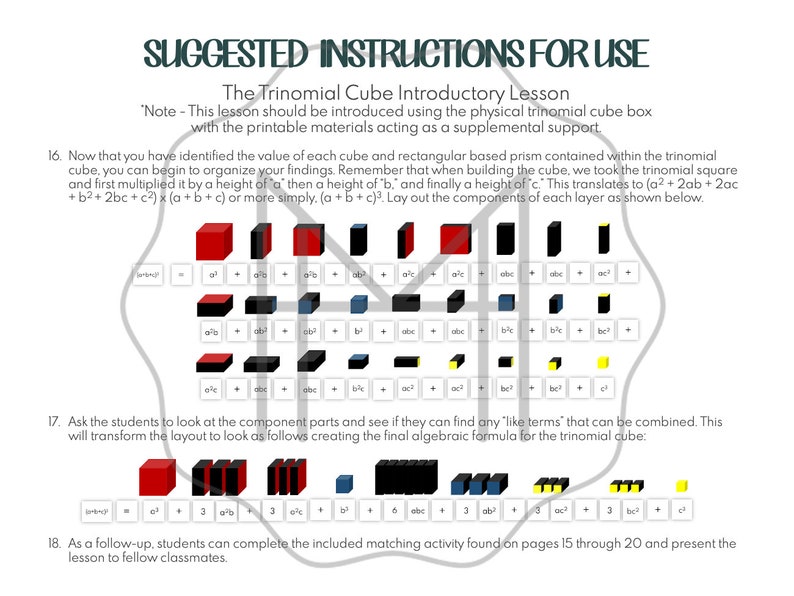 Trinomial Square and Cube Introductory Lessons and Matching Materials ...