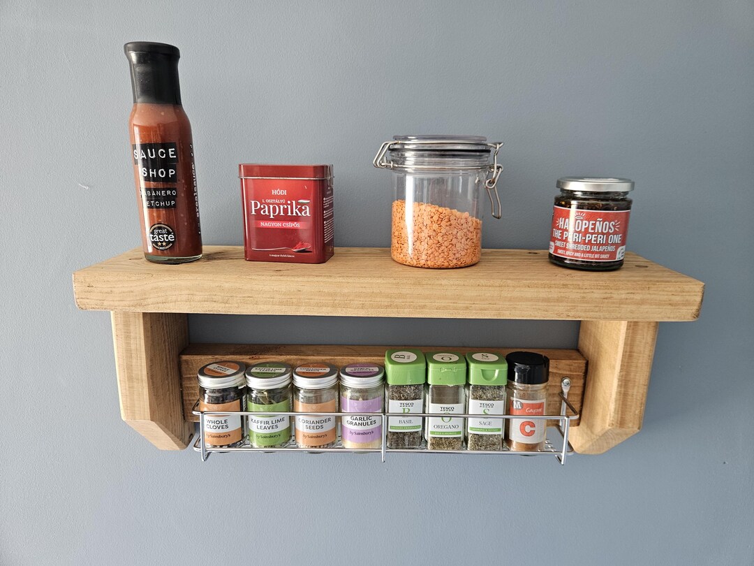 Rustic Spice Rack With Shelf: Reclaimed Wood & Steel Shelf. Made in ...