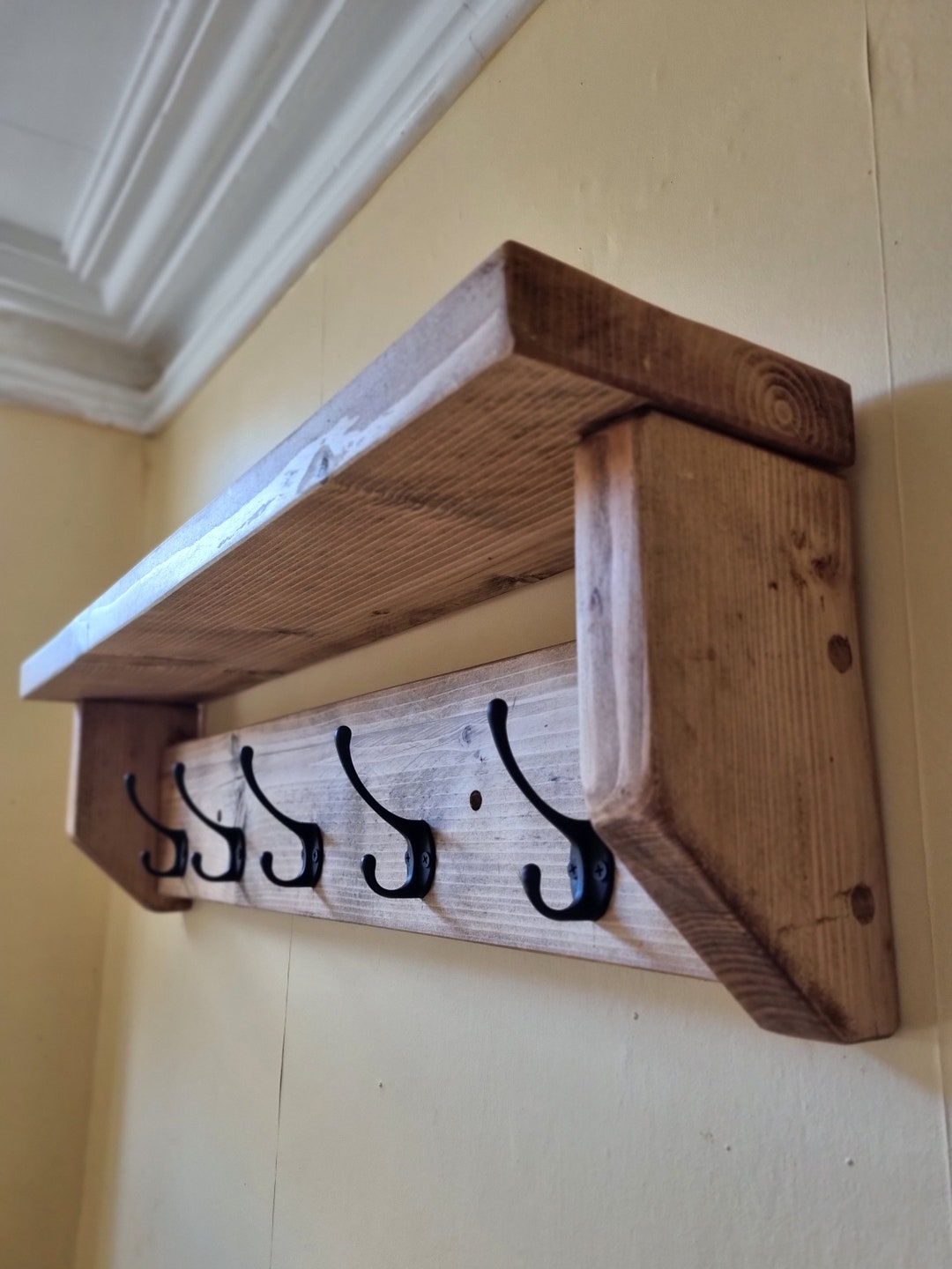 Rustic Coat Rack With Shelf: Reclaimed Wood & Black Hooks, Handmade in ...
