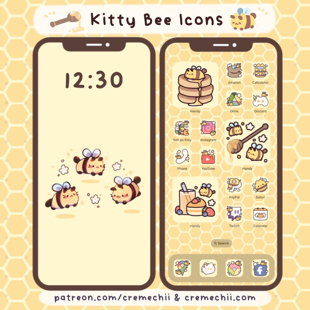 Kitty Bees App Icon Set | Kawaii Aesthetic Theme for Android IOS Tablet ...