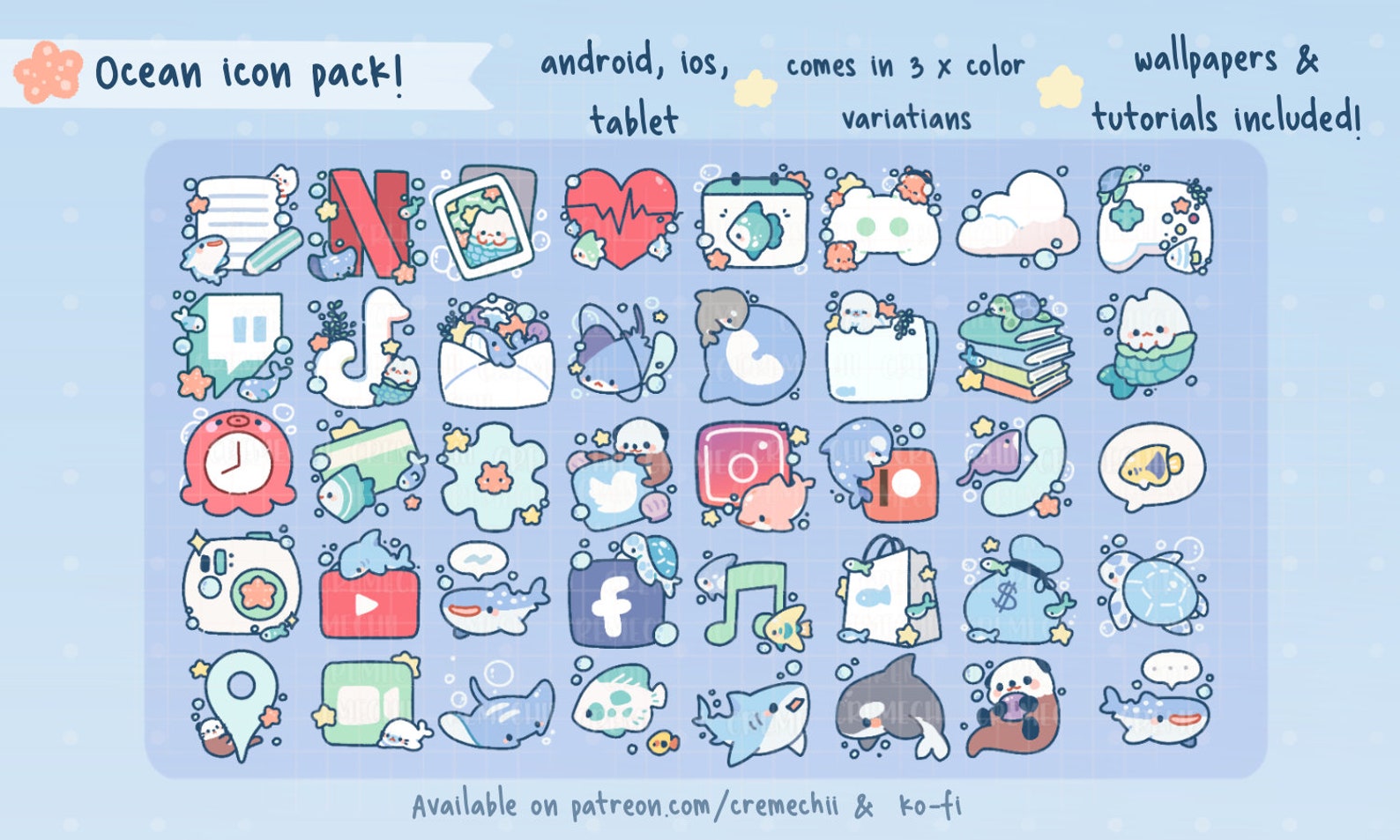 Cute Ocean Creatures App Icon Set Kawaii Aesthetic for - Etsy
