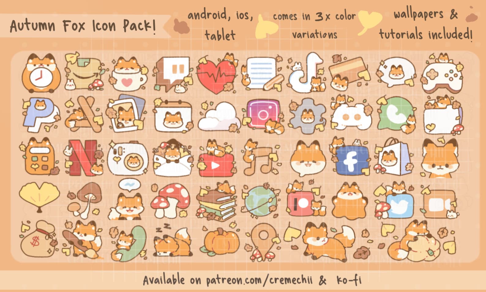 Cute Autumn Fox App Icon Set Kawaii Aesthetic for Android - Etsy