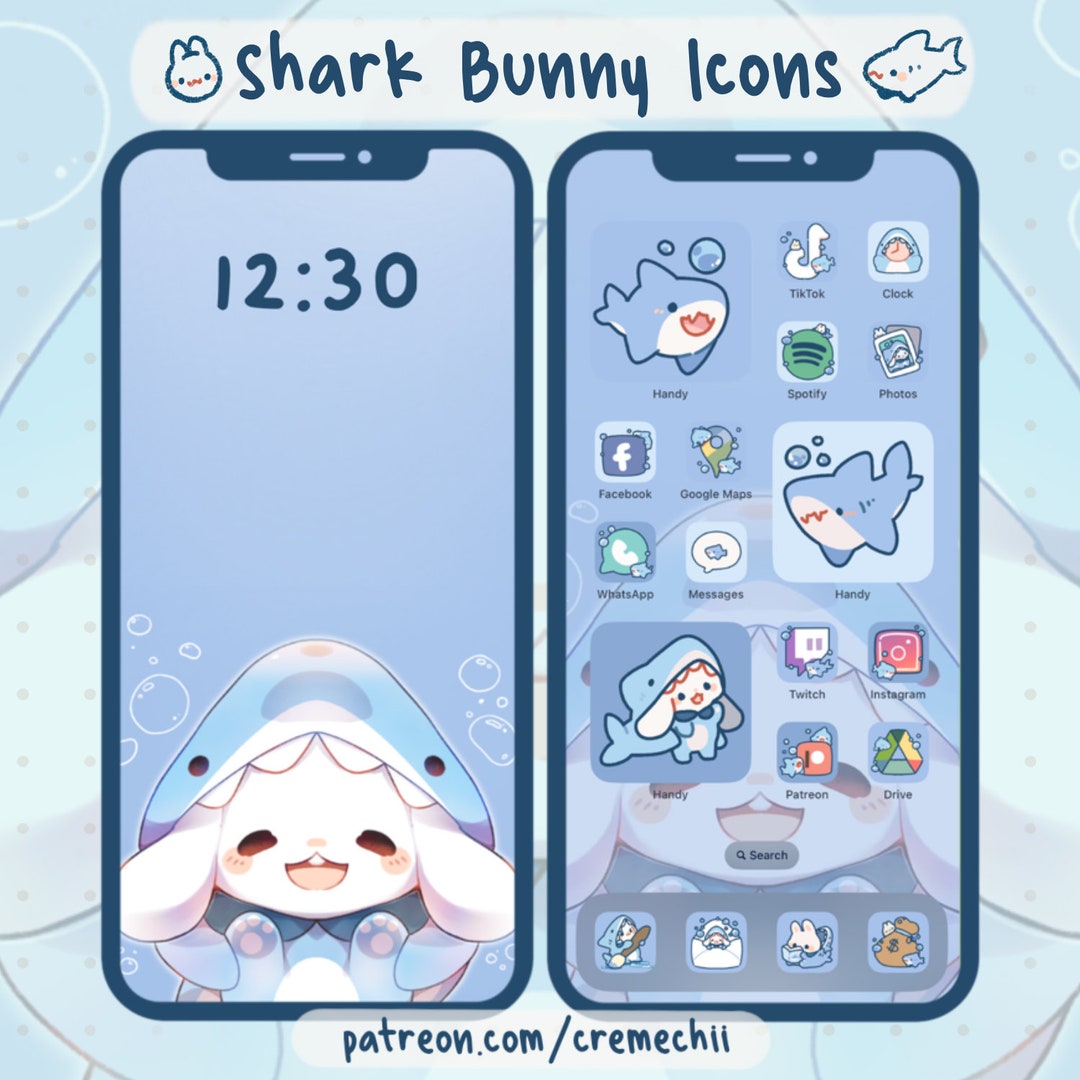 Shark Bunny App Icon Set | Kawaii Aesthetic Theme for Android Ios ...