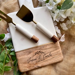 Personalized Marble Wood Cutting Board With Coaster, Engagement Gift ...