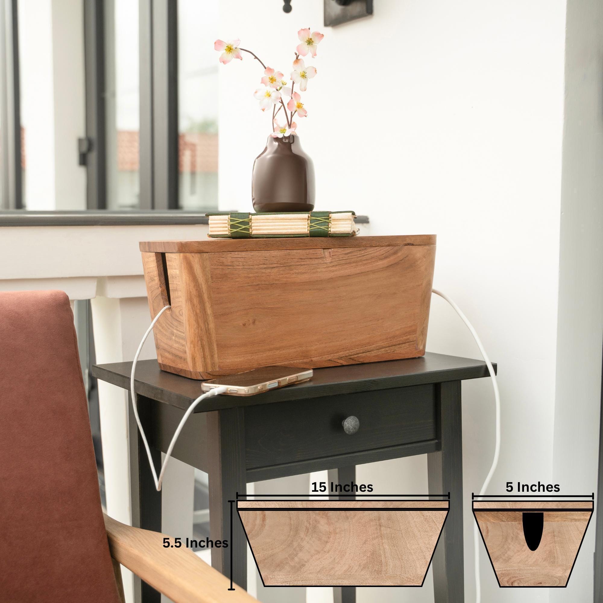 Wooden Cable Management Box | Extra Large Mango Wood Cord Organizer ...