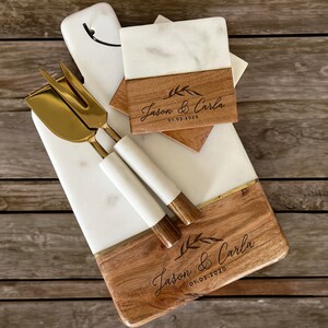 Personalized Marble Wood Cutting Board With Coaster, Wedding Gift ...
