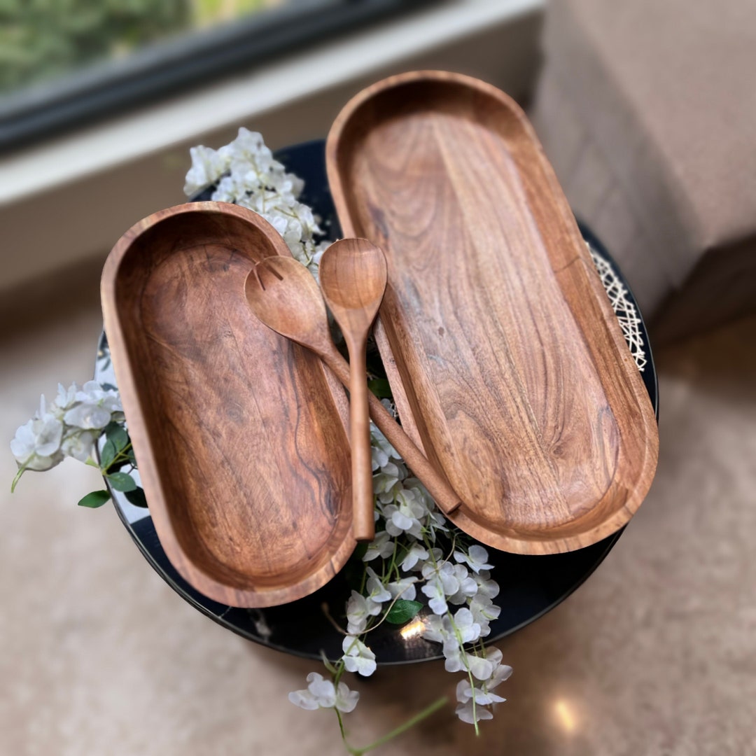 Long Wooden Bowl Farmhouse Rustic Wood Dough Bowl Long Bread Bowl ...